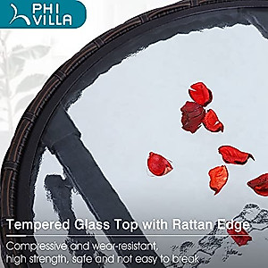 PHI VILLA Outdoor Patio Folding Small Side Table Round with Tempered Glass Top, Rattan Edge and Metal Frame