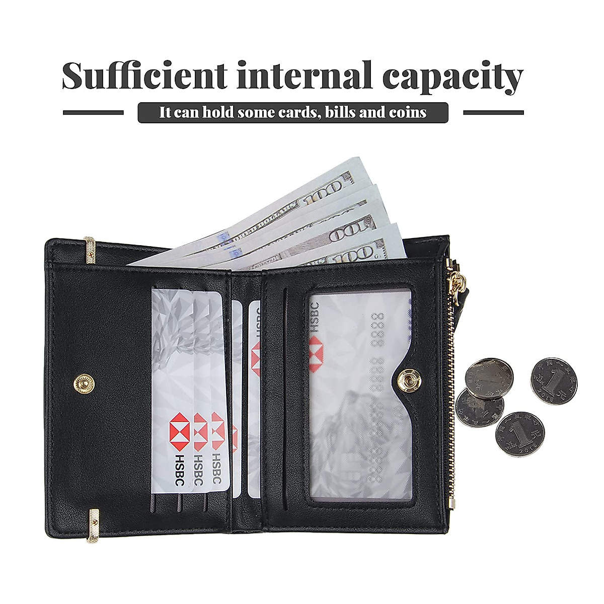 SUKUTU Ladies Purse, Women's Wallet PU Leather Wallet Small Bifold Womens Wallet Card Holder Zipper Coin Purse, Black, One Size