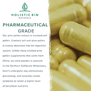 Holistic Bin Pine Pollen Capsules 500mg Made w/ 100% Pure Pharmaceutical Grade, Wild Harvested California Pine Pollen Powder | Organic, Non GMO, No Fillers | 30 Day Supply (40 Capsules)