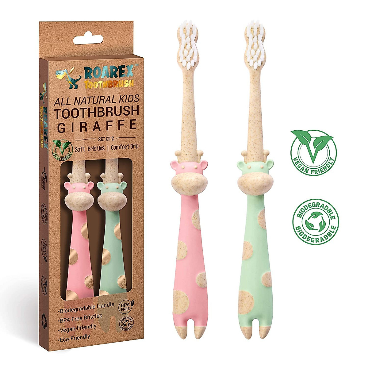 ANPEI ROARex Vegan Eco Friendly All Natural Kids Toothbrush Made from Plants – Sweet Baby Giraffe | 100% Biodegradable and Compostable | 1% for The Planet Product