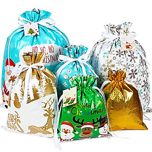 JOINDO 30pcs Christmas Bags with Drawstring, Xmas Gift Bags with Name Tags, Holiday Wrapping Bags Assorted Sizes (Jumbo, Large, Medium, Small)