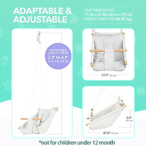 CaTeam - Canvas Kids Swing, Wooden Hanging Swing Seat Chair with Safety Belt, Durable Toddler Swing Chair, Outdoor and Indoor Swing for Kids, Mounting Hardware Included, Ivory