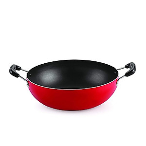 SRIYUG Aluminium Non Stick Coating Kadai Round Bottom Deep Fry Pan with Stainless Steel Lid Deep Fry Kadhai Non Stick Karhai Free Scrubber And Wooden Spatula. (2 Ltr)
