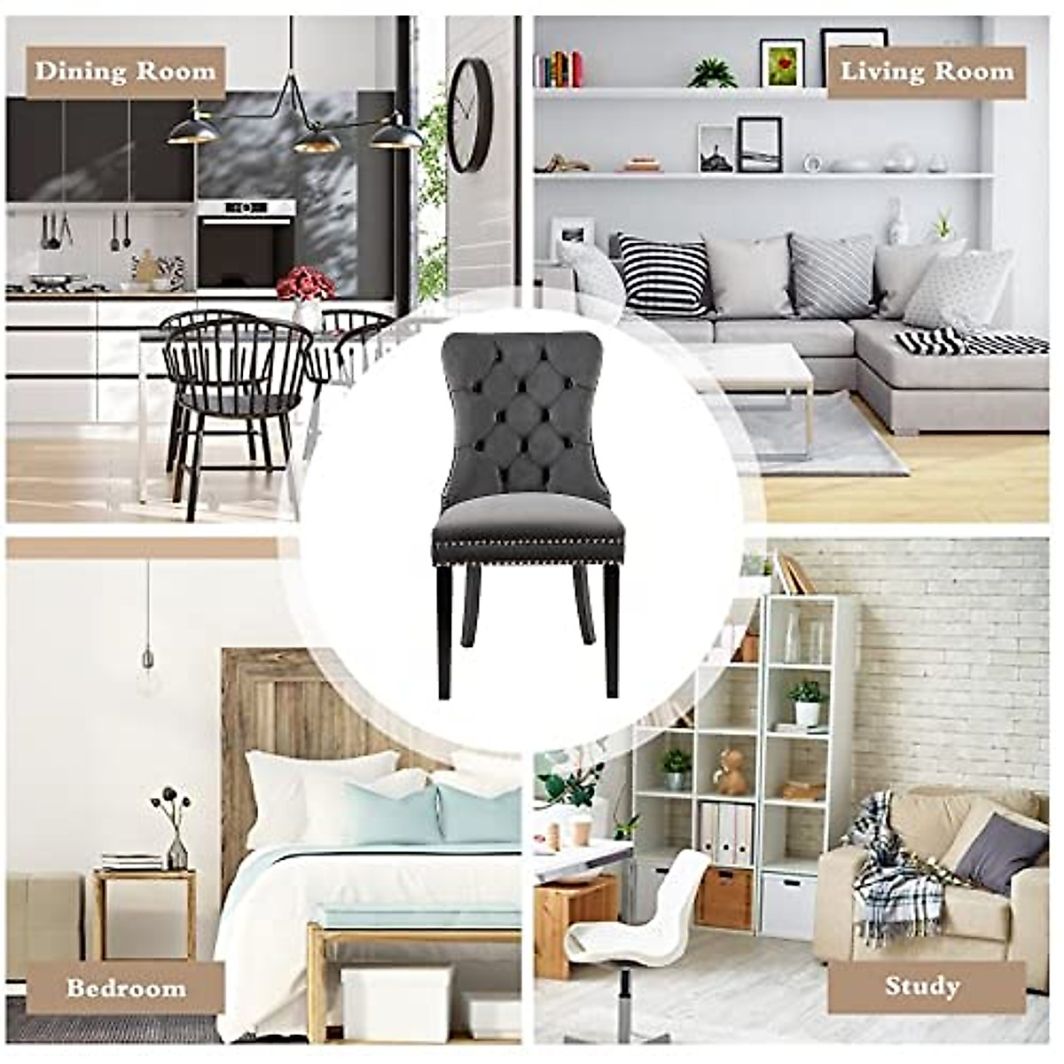 BEEY Velvet Upholstered Dining Chair Set of 4 Dark Grey Modern Tufted Accent Chairs with Nailhead Trim and Back Ring Pull,High Chair with Solid Wood Legs for Living Room Baronet Restaurant
