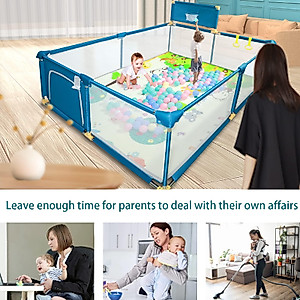 Baby Playpen for Toddlers,71"x59" Inch Extra Large Playpen with Non-Slip Suction Cups, 2 Handle Loops, Ocean Ball and Animal Pattern Crawling Mat,Sturdy and Safe Playpen with Basketball Hoop.