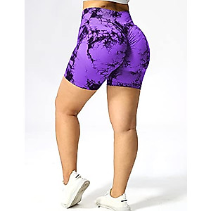 QOQ Womens Tie Dye Workout Biker Shorts Yoga Scrunch Booty High Waisted Tummy Control Athletic Short Leggings Violet L