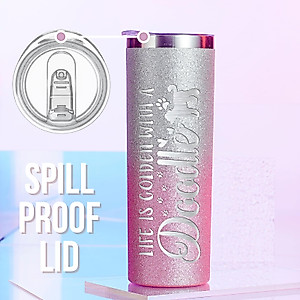 Onebttl Goldendoodle Gifts for Women & Girl, 20oz Stainless Steel Insulated Tumbler, Novelty Golden Doodle Gifts for Dog Lovers, Golden Doodle Dog Mom Gifts - Life is Golden with A Doodle - Pink