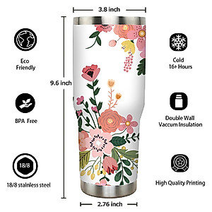 Exacmos 40 oz Tumbler with Handle and Straw 40 oz Floral Cup Insulated Stainless Steel Coffee Travel Mug Spill Proof Leak Proof Slim 40oz Tumbler with Handle Floral Decor Stuff Gifts for Women