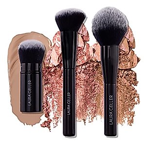 LAURA GELLER NEW YORK Baked Heroes Makeup Brush 3pc Set, Kabuki Foundation Brush, Blush Brush and Bronzer Powder Brush
