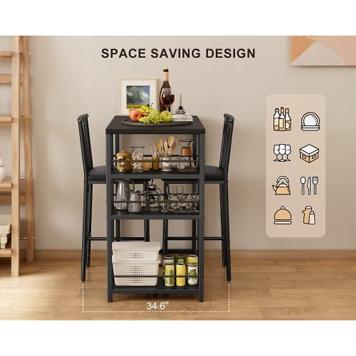 Gizoon Bar Table and Chairs Set for 2 with 3 Storage Shelves, Modern Pub Table Set with Pu Cushion Chairs & Thick Wood Top for Breakfast, 3-Piece Small Table for Kitchen - Black