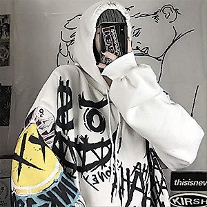 MOMEITU Gothic women's hooded sweater female raw bag easier doodle print plus velvet thick long sleeve shirt (S, white)