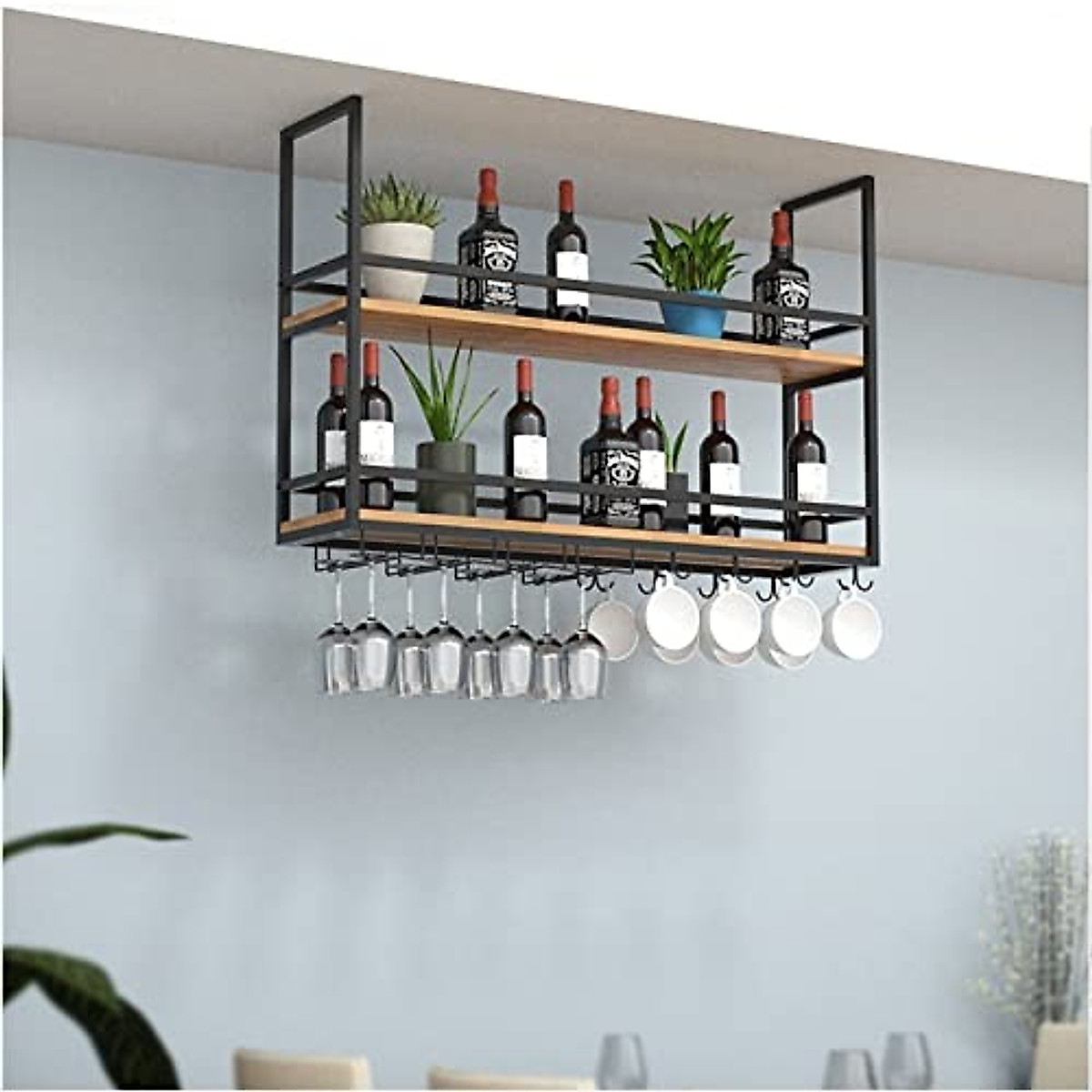 Ceiling Wine Glass Holder - Hanging Solid Wood Wall Shelves - Wall Mounted Iron Art Plant Stand, 2 Tier Kitchen Display Stand, Easy To Install Hanging Storage Rack, Bearing 70kg(80*30*80cm(31*12*31 in