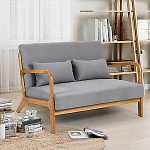50" Loveseat Sofa Mid-Century Modern with Solid Wood Accent Chair with 2 Waist Pillows, Leisure 2 Person Couch Love seat for Living Room Office Bedroom Apartment Small Spaces, Light Gray