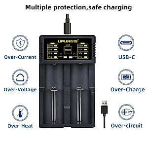 18650 Battery Charger, Suitable for 3.7v Lithium Battery 18650 20700 10440 14500 18500 16340 17500 26650 and 1.2v Ni-Mh/Ni-Cd AA AAA Battery, Battery Rechargeable Charger(2 Bay)