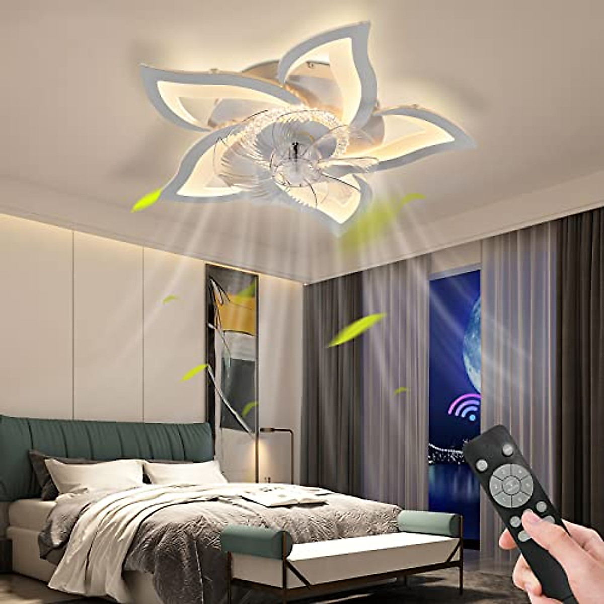 AHAWILL Modern Low Profile Ceiling Fan with Lights,110v Dimmable Flower Ceiling Light Fan with Remote Control/app Control,Timing 6 Gear Speeds Fan Suitable for Bedroom,Living Room,and etc.（White）