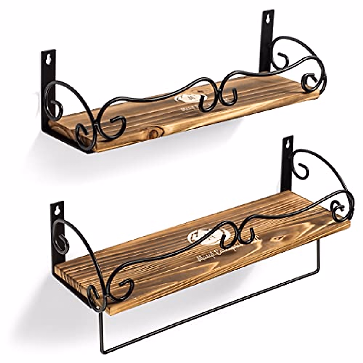 Masyl Floating Shelves Wall Mounted Set of 2, Rustic Wood Wall Shelves for Living Room Decor, Bathroom Organizer, Kitchen Storage, Home Décor, Made of Wood and Metal in Carbonized Brown Color