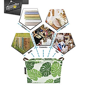 HKEC Rectangle Green Storage Basket,Clothes Basket with Handles, Collapsible Storage Box,Cute Canvas Toy Bin for Kids,Gift Basket,Room Decor(Banana leaf)