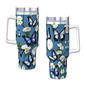 HULIBIN Blue Butterflies White Flowers Print Double Deck Stainless Steel Travel Coffee Cup With Lid 40 Oz Ice Bully Cup