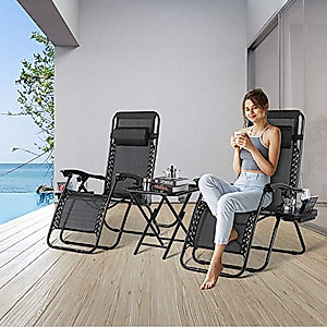 OKVAC Zero Gravity Chair Set of 2 with Side Table, Adjustable Foldable Patio Lounge Recliner w/Pillow&Cup Holder, for in/Outdoor, Poolside, Garden, Camping, Lawn, Yard, Beach, 310LBS Capacity
