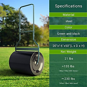 S AFSTAR Safstar Lawn Roller, Garden Drum Roller Push/Tow Behind, Water/Sand Filled Roller for Garden, Lawn, Backyard Ball Field, 16x20-Inch, 60L/ 16 Gallons