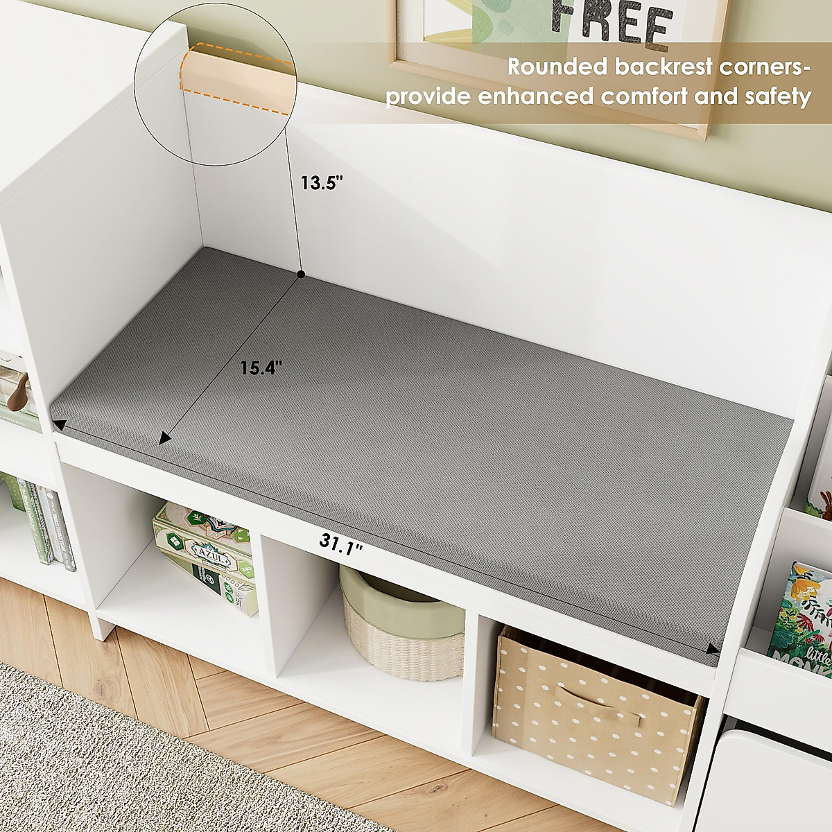 HOSTACK 67" Kids Reading Nook with Bench, Kids Bookshelf and Bookcase with Seat Cushion and 6 Storage Cubbies, Toy Storage Box on Wheels, Toy Chest for Playroom, Bedroom, School, White