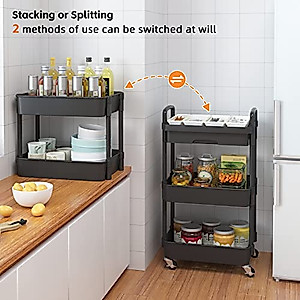 Calmootey 3-Tier Rolling Utility Cart with Drawer,Multifunctional Storage Organizer with Plastic Shelf & Metal Wheels,Storage Cart for Kitchen,Bathroom,Living Room,Office,Black