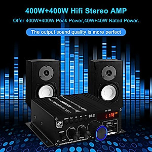 AK-380 USB SD BT.C FM AUX Audio Power Amplifier 400W+400W 2.0 CH HiFi Stereo AMP Speaker Bluetooth 5.0 Amp Receiver with 12V 5A Power Supply,Remote Control,FM Antenna for Car Home Bar Party