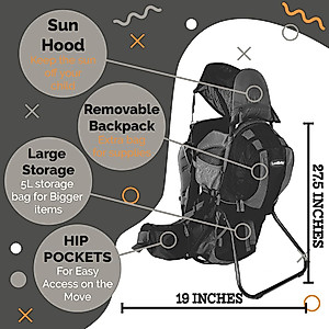 2-in 1 Baby Backpack Carrier - Ergonomic Toddler Hiking/Baby Hiking Backpack Carrier with Removable Bag, Diaper Change Pad, Insulated Pocket + Rain and Sun Hood to Protect Your Child