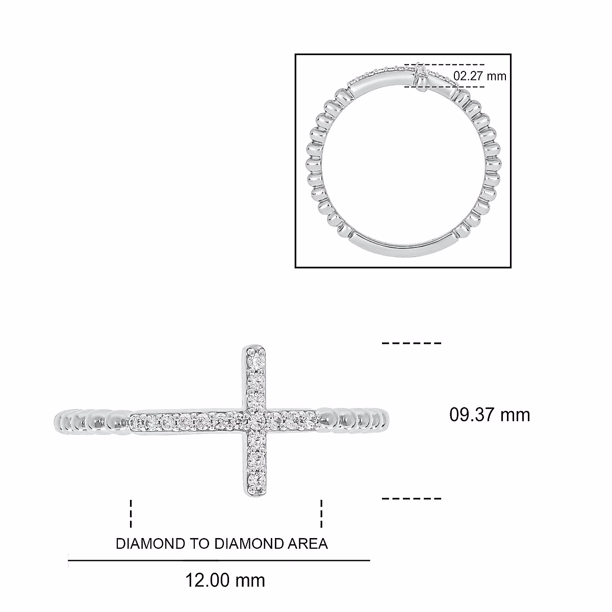 Cali Trove, 1/10cttw Diamond Cross Ring for Women, Cross Ring with Beaded Style Detail in 18k Yellow Gold-Plate, 18k Rose Gold-Plate or 925 Sterling Silver, Women's Horizontal Cross with Round White