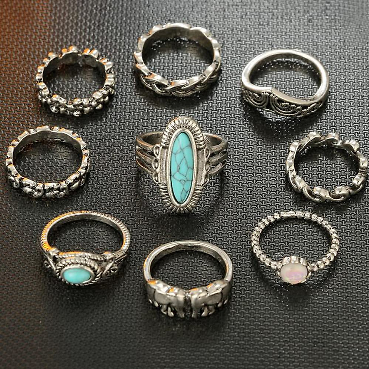Octwine 9Pcs Bohemian Statement Knuckle Silver Rings Set Turquoise Finger Ring Elephant Midi Vintage Rings Punk Leaf Ring for Women
