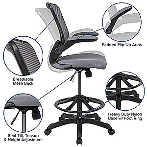 Flash Furniture Kale Mid-Back Dark Gray Mesh Ergonomic Drafting Chair with Adjustable Foot Ring and Flip-Up Arms