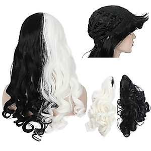 WeKen Long Curly Cosplay Wig with Pigtails Lolita Detachable Ponytail Wig for Women Girls Halloween Costume Party (Black and White)