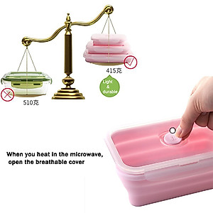 Keweis Silicone Lunch Box Bento Box, Collapsible Folding Food Storage Container with Lids, Kitchen Microwave Freezer and Dishwasher Safe, Set of 3, (Pink)