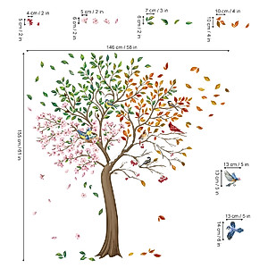 wondever Colorful Large Tree Wall Stickers Tree with Flower Birds Peel and Stick Wall Art Decals for Living Room Bedroom TV Wall (H: 63inch)