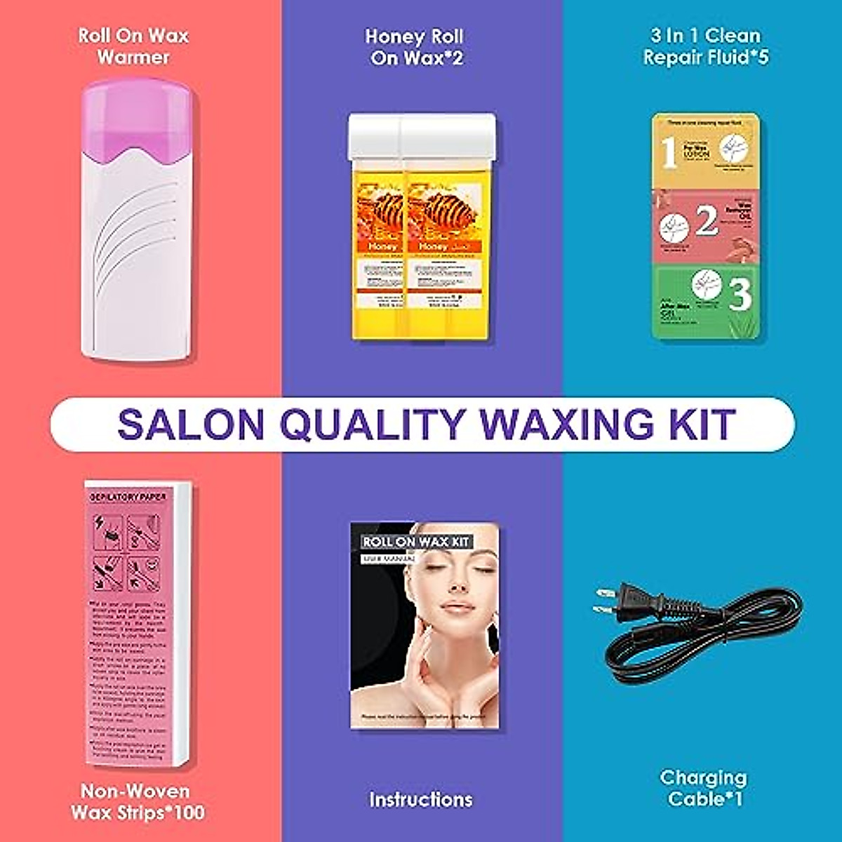 Roll on wax,Waxing Roller Kit,Cera para depil,Wax Roller Kit for Hair Removal, Include 2 Honey Soft Wax Cartridge & 100 Non-Woven Wax Strips, Portable Purple Wax Heater Machine for Women & Men