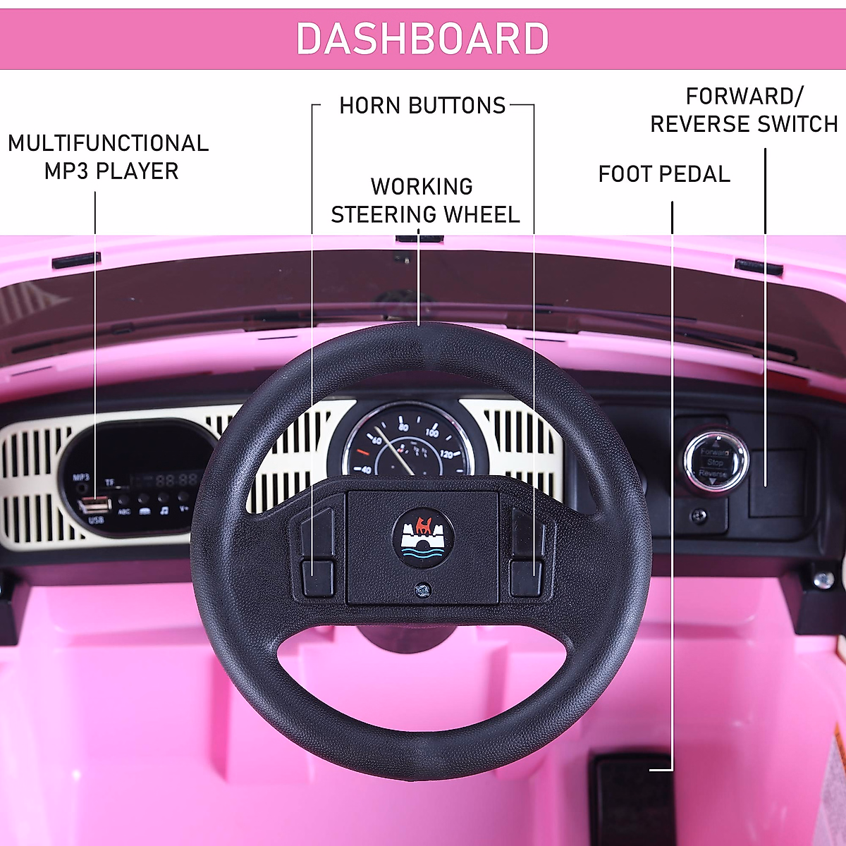 Aosom Licensed Volkswagen Beetle Electric Kids Ride-On Car 6V Battery Powered Toy with Remote Control Music Horn Lights MP3 for 3-6 Years Old Pink