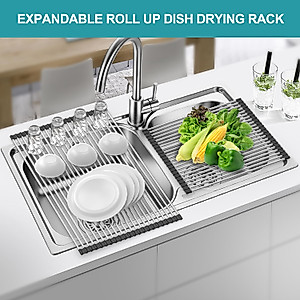 BBXTYLY Extra Large Expandable Roll Up Dish Drying Rack,Over The Sink Drying Rack Sink Cover Kitchen Sink Accessories Kitchen Rolling up Stainless Steel Drainer, Foldable,Rollable（Black，25.1''-17.3''）