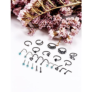 Tkzndnm 20g 20 Gauge Black Nose Rings Studs Hoops Piercings Para La Nariz Jewelry for Women Hypoallergenic Surgical Stainless Silver Steel Straight Pin Corkscrew Screw l Shaped Shape Bars