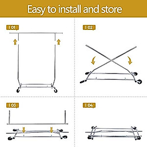 Nouva Rolling Garment Rack Clothing Rack with Wheels, Single-Rod Portable Heavy Duty Clothes Rack for Hanging Clothes Height Adjustable, Extendable, Chrome Sliver