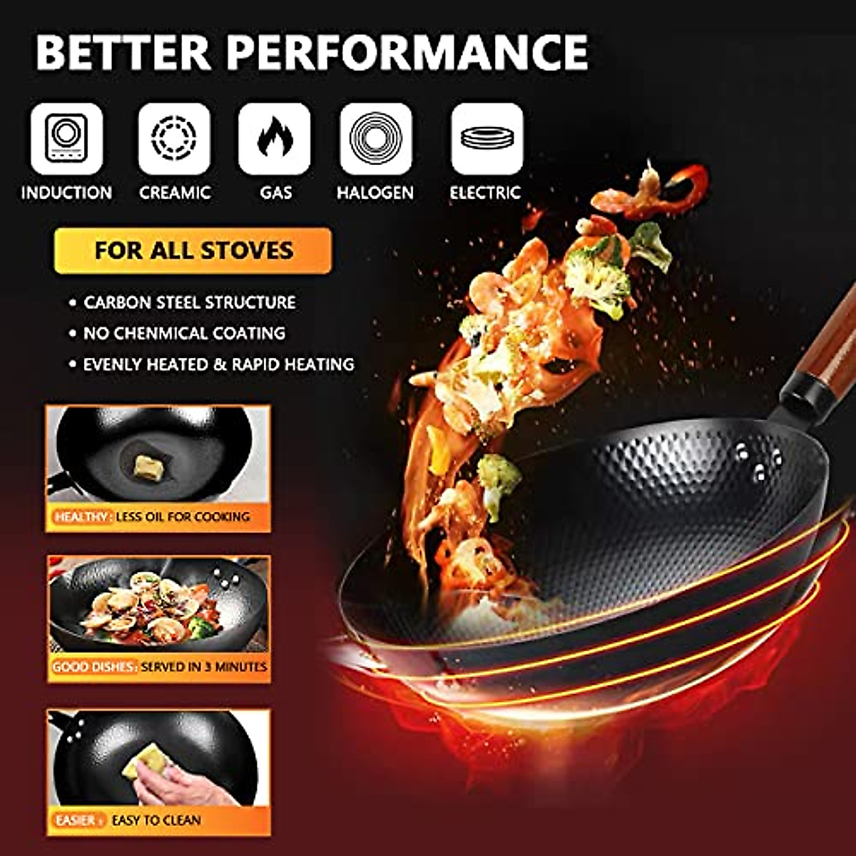 kaqinu Carbon Steel Wok Pan, 14 Piece Woks & Stir-Fry Pans Set with Wooden Lid & Cookwares, No Chemical Coated Flat Bottom Chinese Woks Pan for Induction, Electric, Gas, Halogen All Stoves - 12.6''