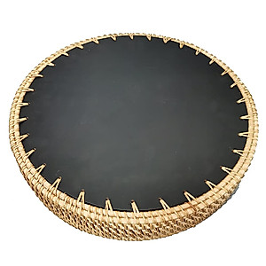 13 Inch Rattan Serving Basket with Shine MOP Black Flat Bottom, Handmade Wicker Coffee Table Serving Tray Décor Circle with 2 Inch Wall, Boho Round Woven Basket Tray for Ottoman, Vanity, Exxacttorch