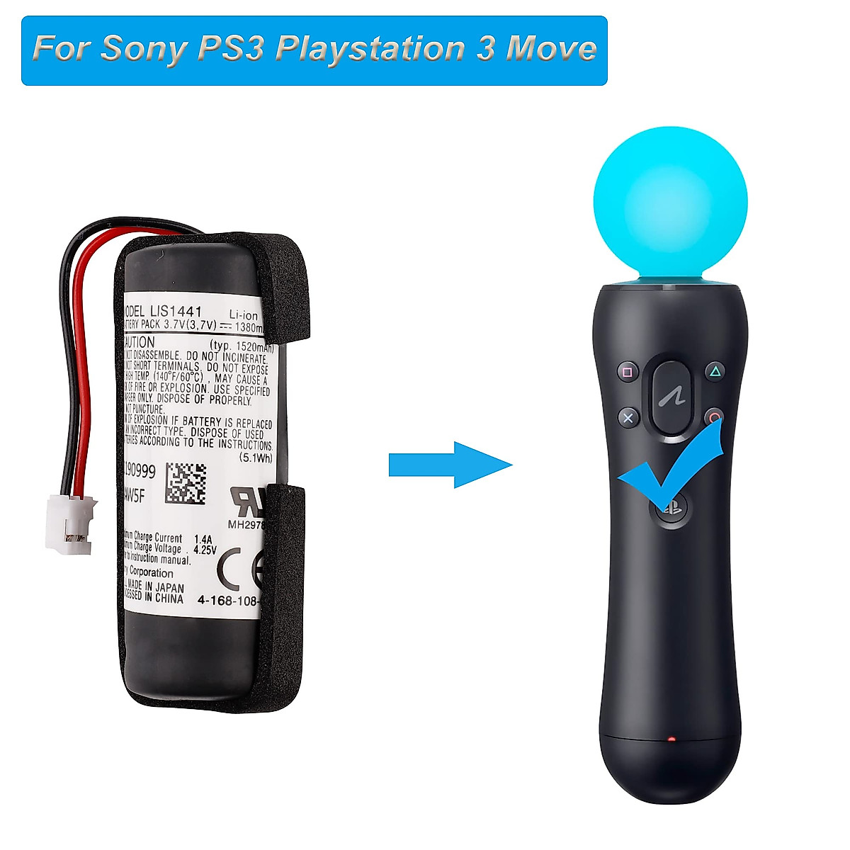 E-YIIVIIL New Replacement Battery LIS1441 LIP1450 Compatible with Sony PS3 PlayStation 3 Move Motion Controller(Right Hand)