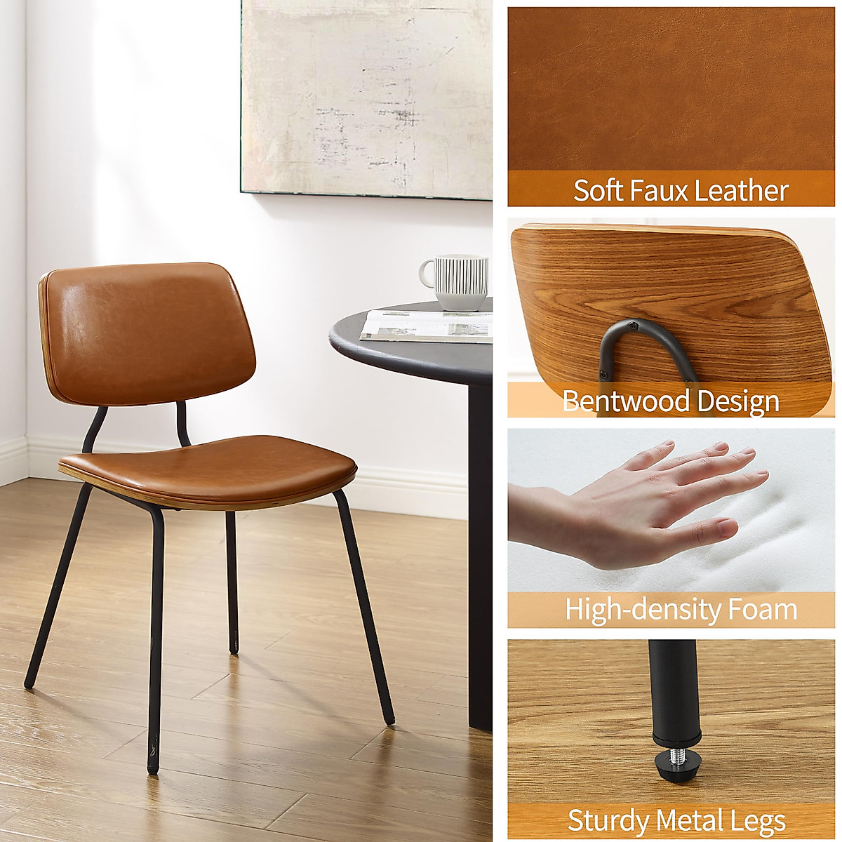 Art Leon Dining Chairs, Set of 2, Mid Century Modern Faux Leather Dining Room Chairs with Bentwood, Armless Accent Chairs with Black Metal Legs for Kitchen Living Room, Brown