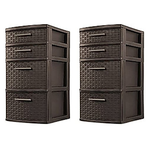 Sterilite 26226P02 4 Drawer Organizer Storage Tower with Medium Weave Drawer Fronts and Easy-Pull Handles, Espresso Brown (2 Pack)
