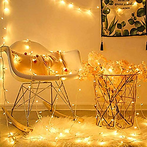 JMEXSUSS 33ft 100 LED Warm White String Lights Indoor, 8 Modes Bedroom Christmas Lights Indoor Clear Wire, Plug-in Christmas String Lights Outdoor Waterproof for Wedding Room Party Christmas