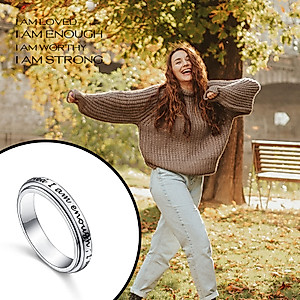 JZMSJF Men Women Spinner Ring 925 Sterling Silver Fidget Rings for Anxiety Stress Relieving ADHD Autism Rings I Am Enough Inspirational Band Ring Size 7