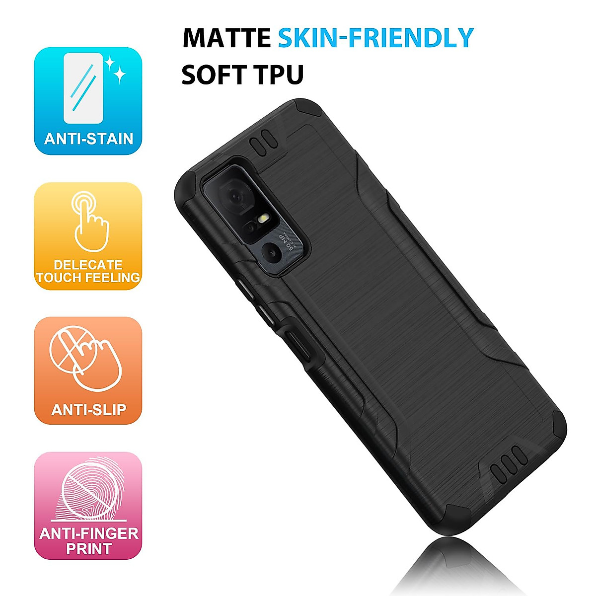 TJS Compatible for TCL 40 XL Case, TCL 40 T T608DL Case, Lively Jitterbug Smart4 Case, with Tempered Glass Screen Protector, Magnetic Support Hybrid Shockproof Metallic Brush Finish Phone Case (Black)