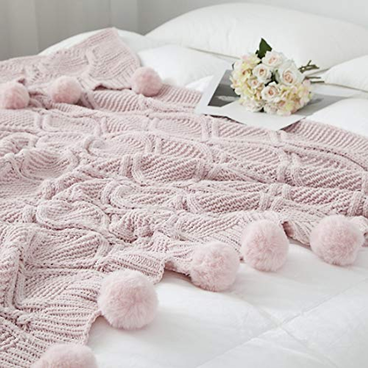 Revdomfly Chenille Knitted Throw Blanket with Pom Poms, Fuzzy & Fluffy Couch Cover Decorative Knit Blanket for Sofa Bed, 51.2" x 63", Pink