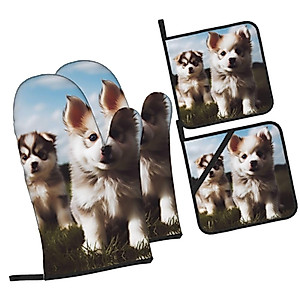Oven Mitts and Pot Holders Set of 4 Cute Dog Print Kitchen Oven Glove Fashion Heat Resistant Oven Gloves Set for BBQ Grill Baking Cooking Oven Microwave