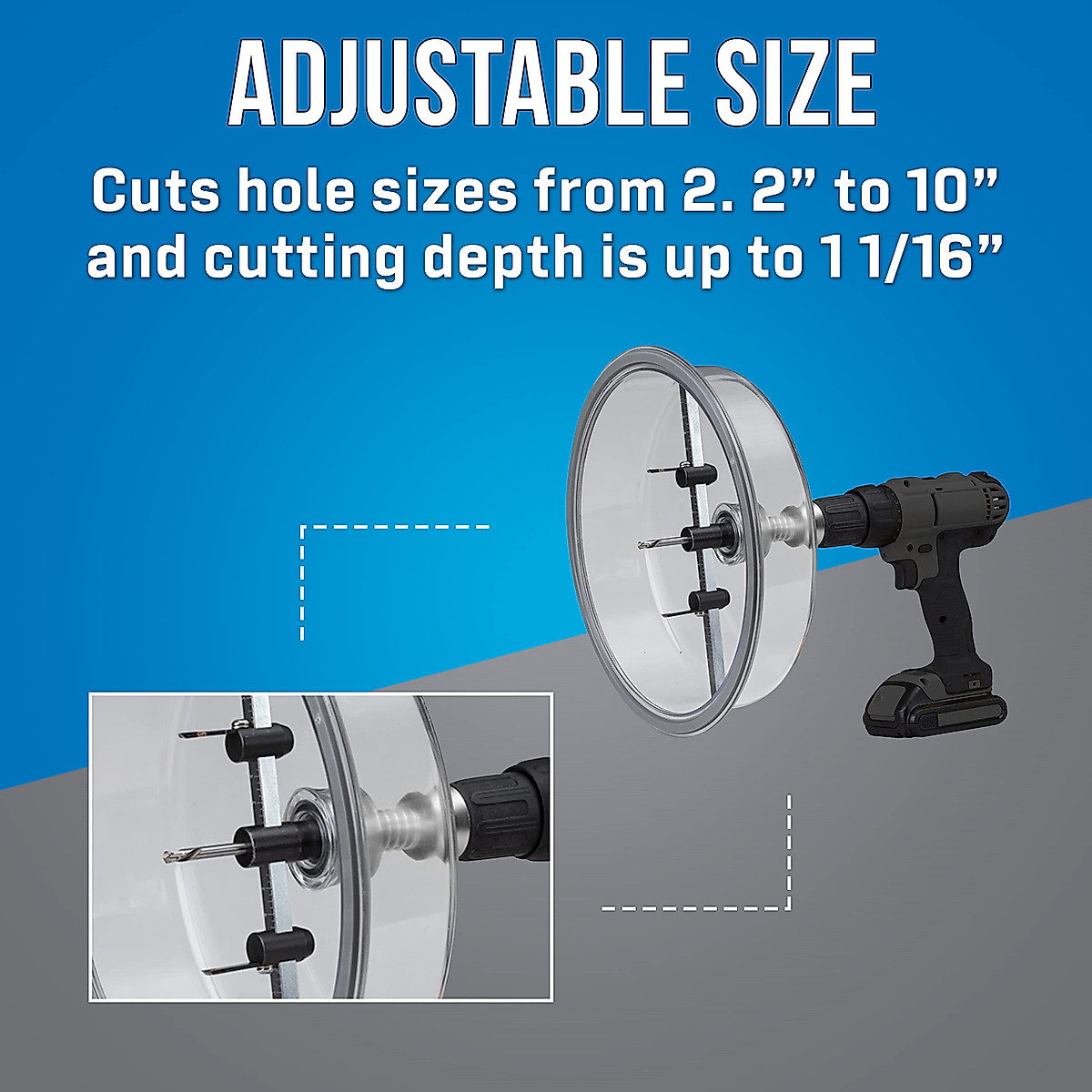 Jonard Tools AHC-10, Professional Grade Round Hole Saw Cutter, Includes Dust Shield and Case, Cuts Plywood Plasterboard Sheetrock Acrylic Up to 1 1/16” Thick, Adjustable Hole Size 2.2” to 10”, Silver